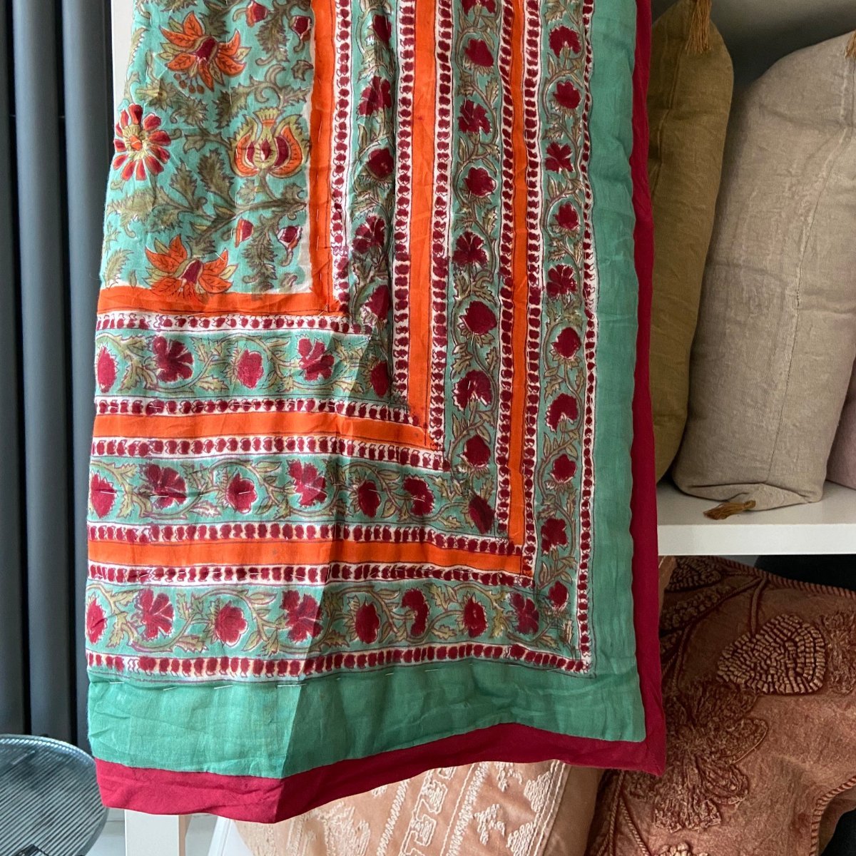 Reversible Block Print Cotton Quilt - Turquoise/Orange Flower – Rhool