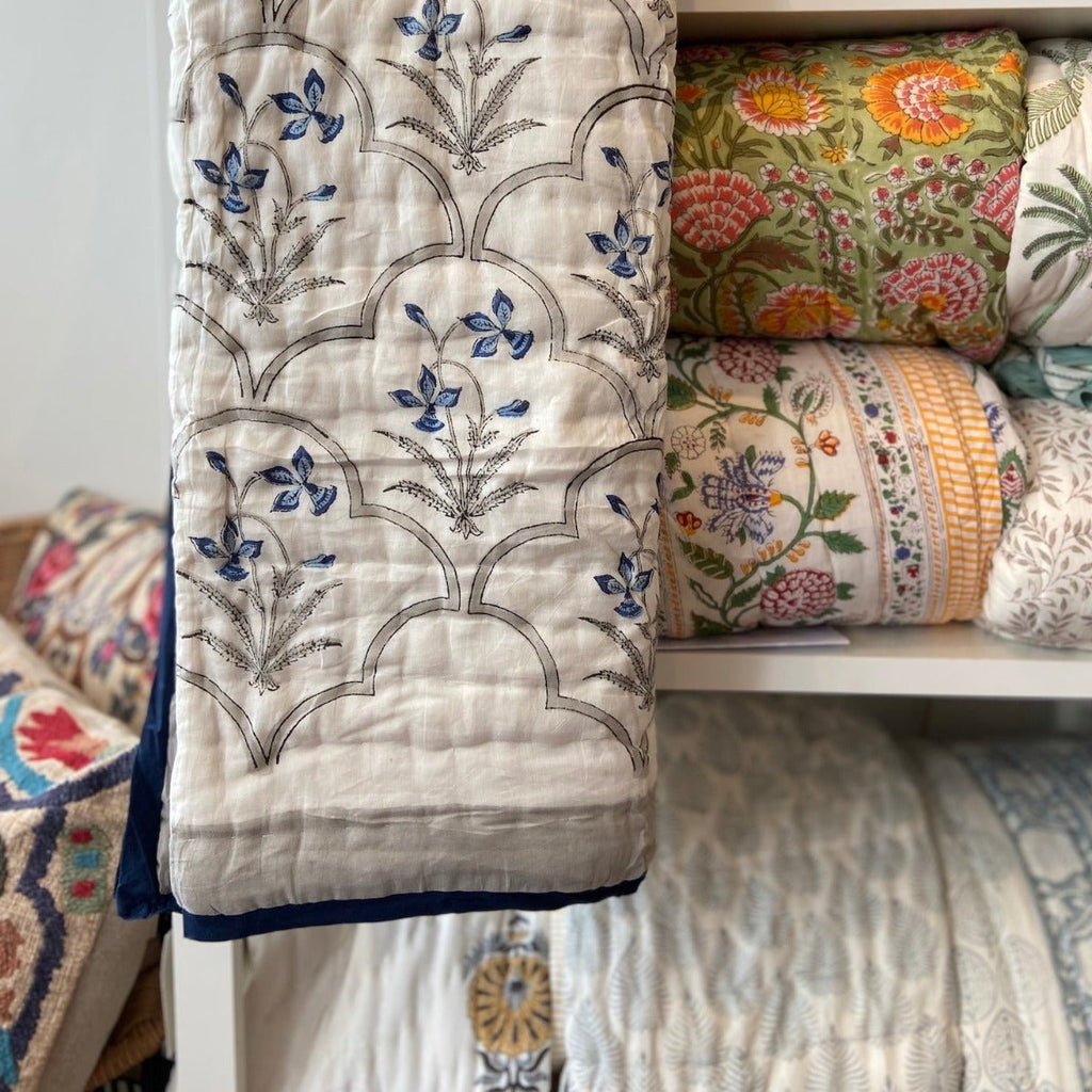 Reversible Block Print Cotton Quilt - Blue Flower – Rhool