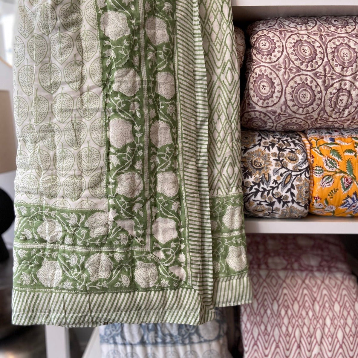 Indian Hand Block Print Cotton Quilt - Green Leaf | Double King ...